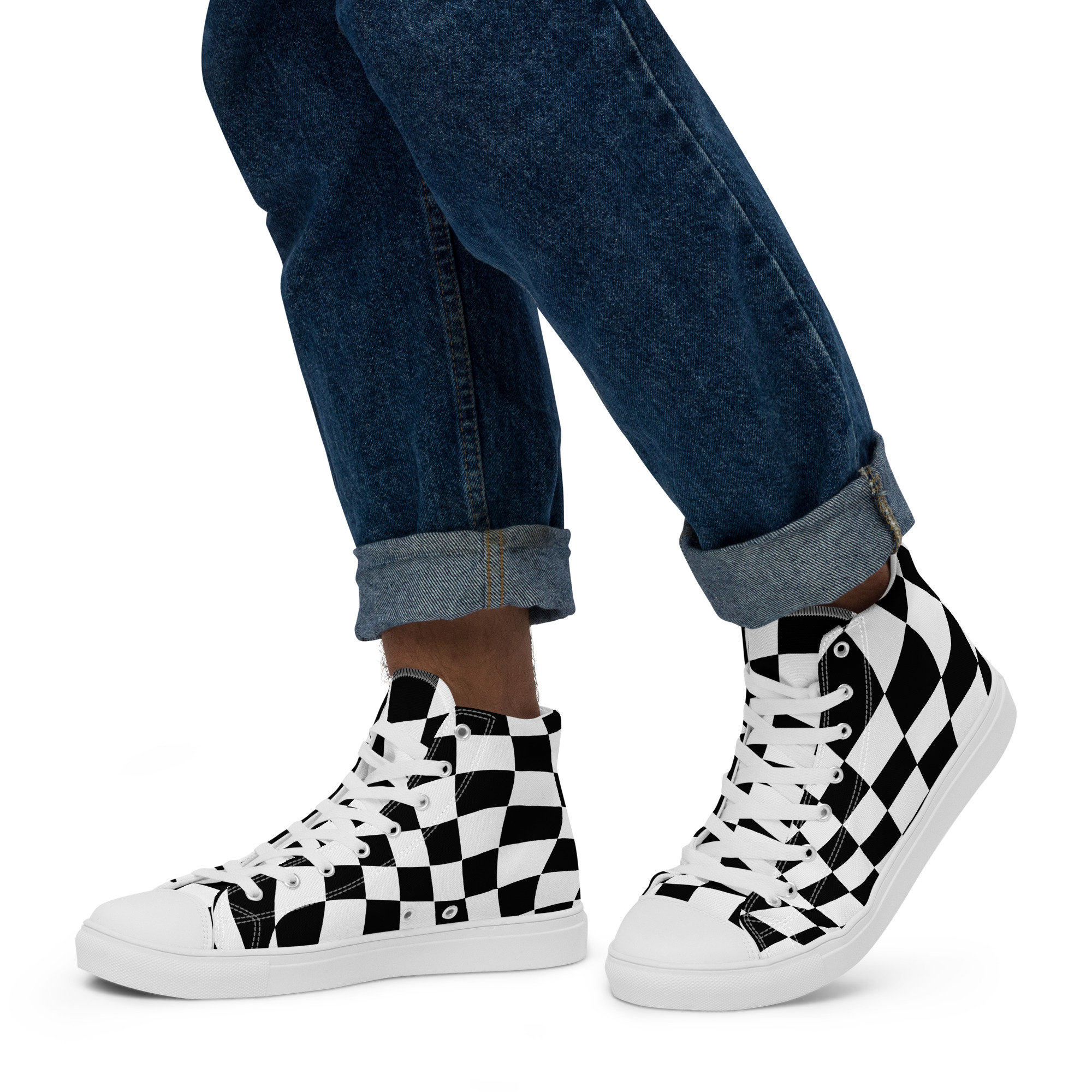 Men’s Black and White Checkered High Top Canvas Shoes, Men's Checkered ...