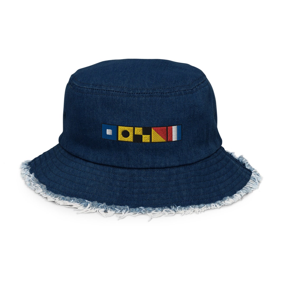 Pilot Spelled Out in Semaphore Flags Distressed Denim Bucket Hat ...