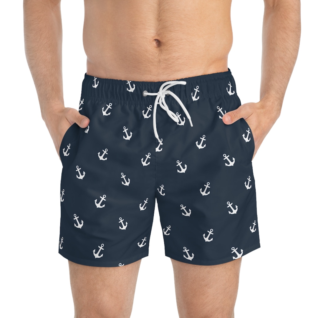 Navy Blue Swim Trunks With White Anchors, Nautical Themed Swim Trunks ...