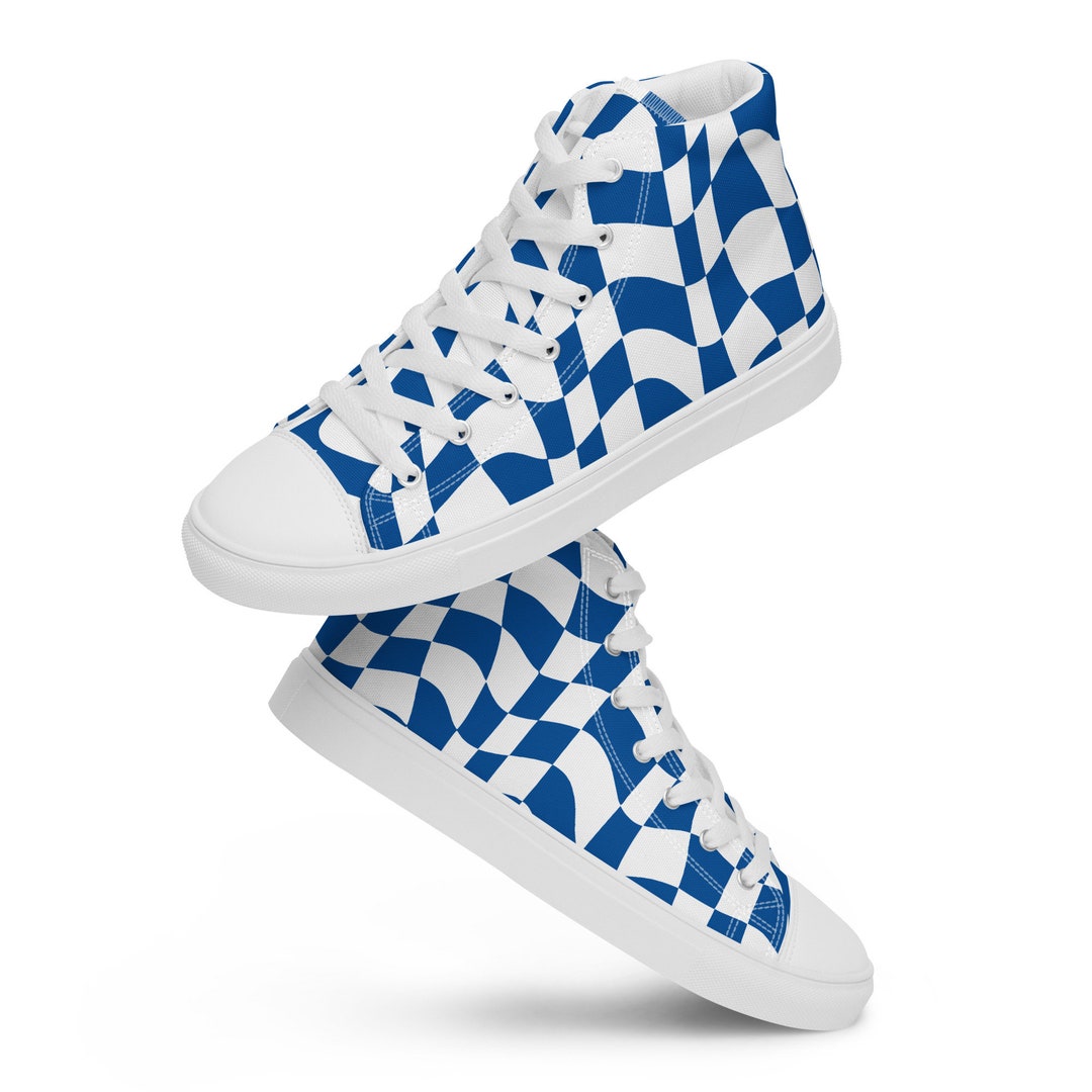Women’s Blue Checkered High Top Canvas Shoes, Blue Checkered Sneakers ...