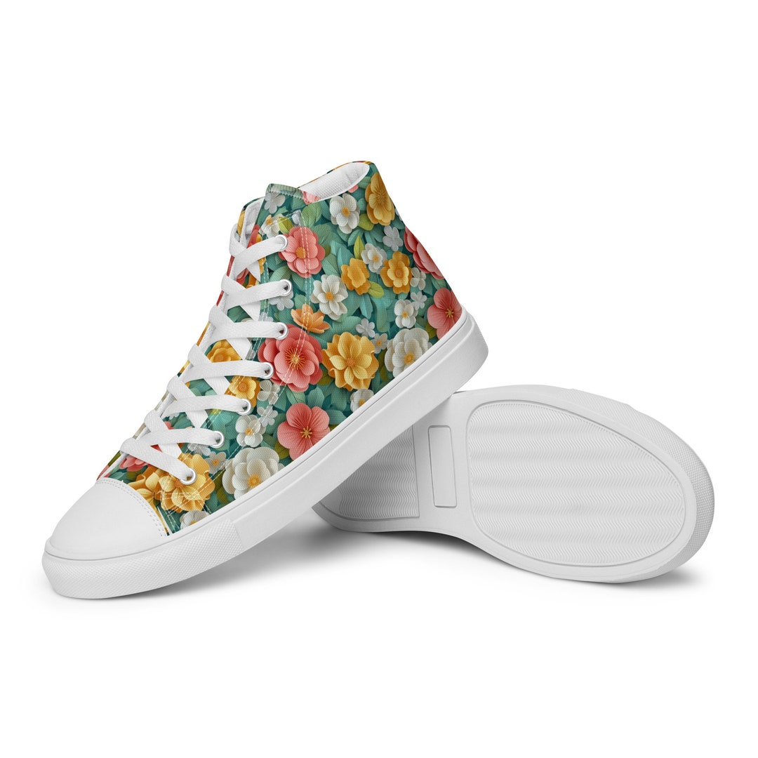 Women’s 3-D Floral Print High Top Canvas Shoes, Flower Design Fashion ...