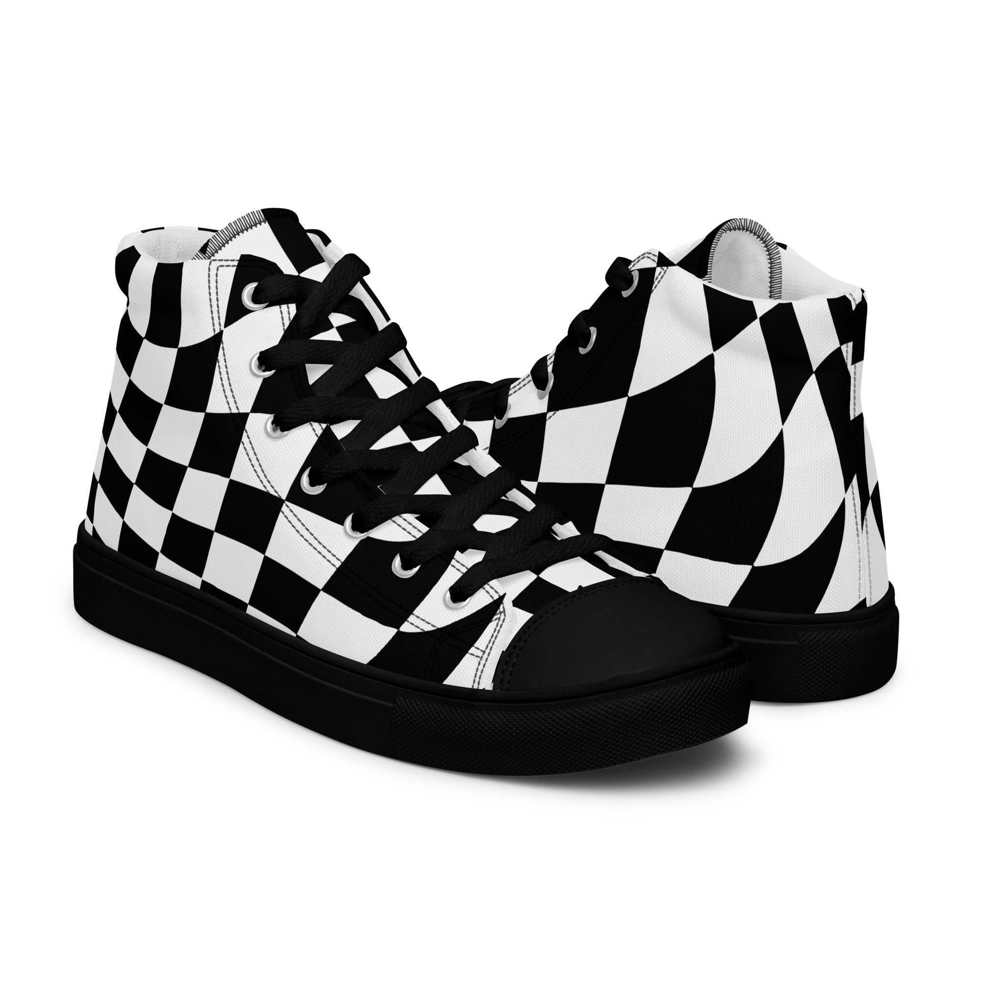 Men’s Black and White Checkered High Top Canvas Shoes, Men's Checkered ...