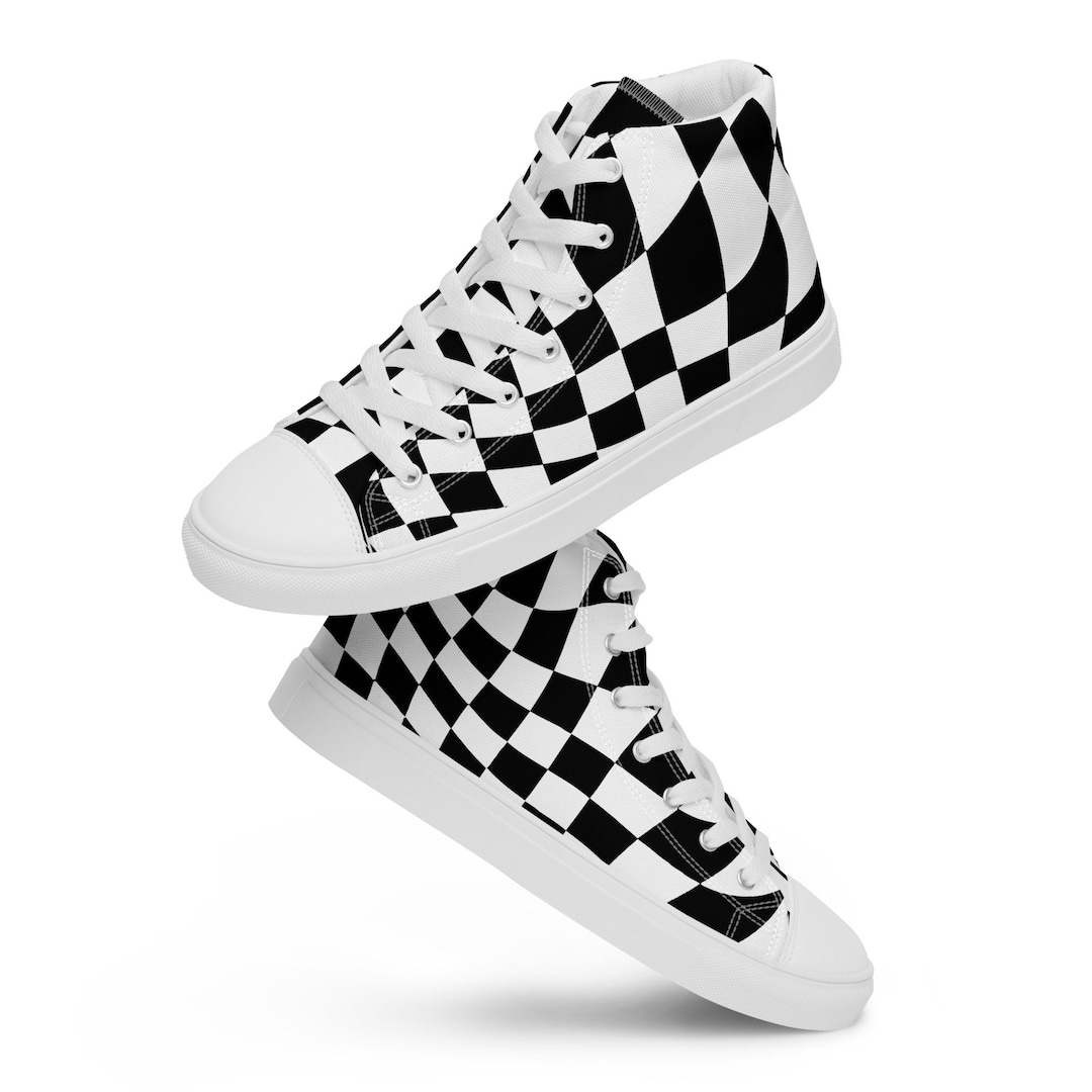 Men’s Black and White Checkered High Top Canvas Shoes, Men's Checkered ...