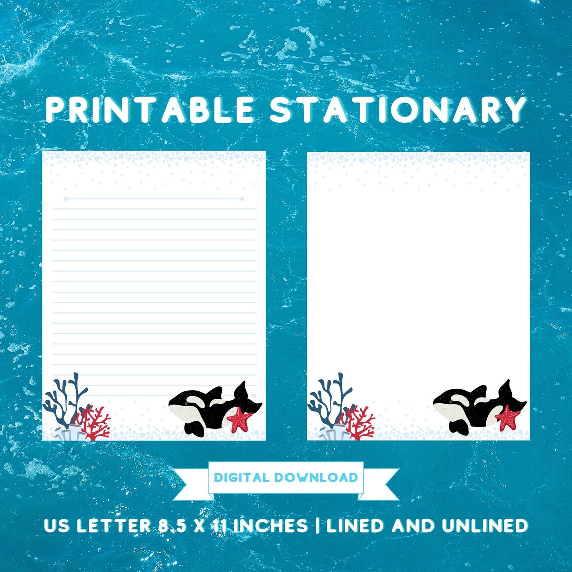 Orca Printable Stationary Digital Download, US Letter Paper 8.5 X 11 ...