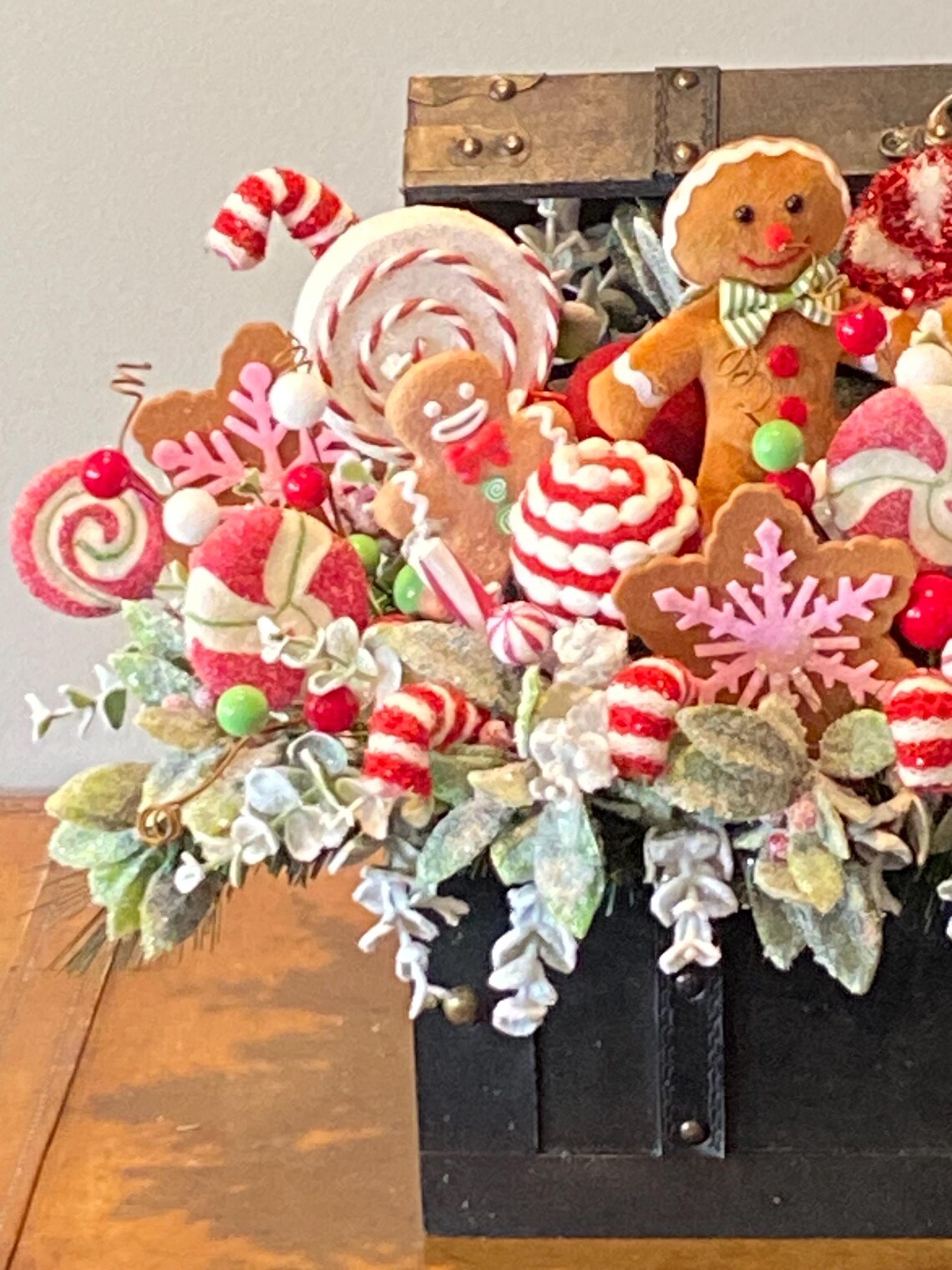 Gingerbread and Christmas Candy Trunk Arrangement, Bright Holiday ...