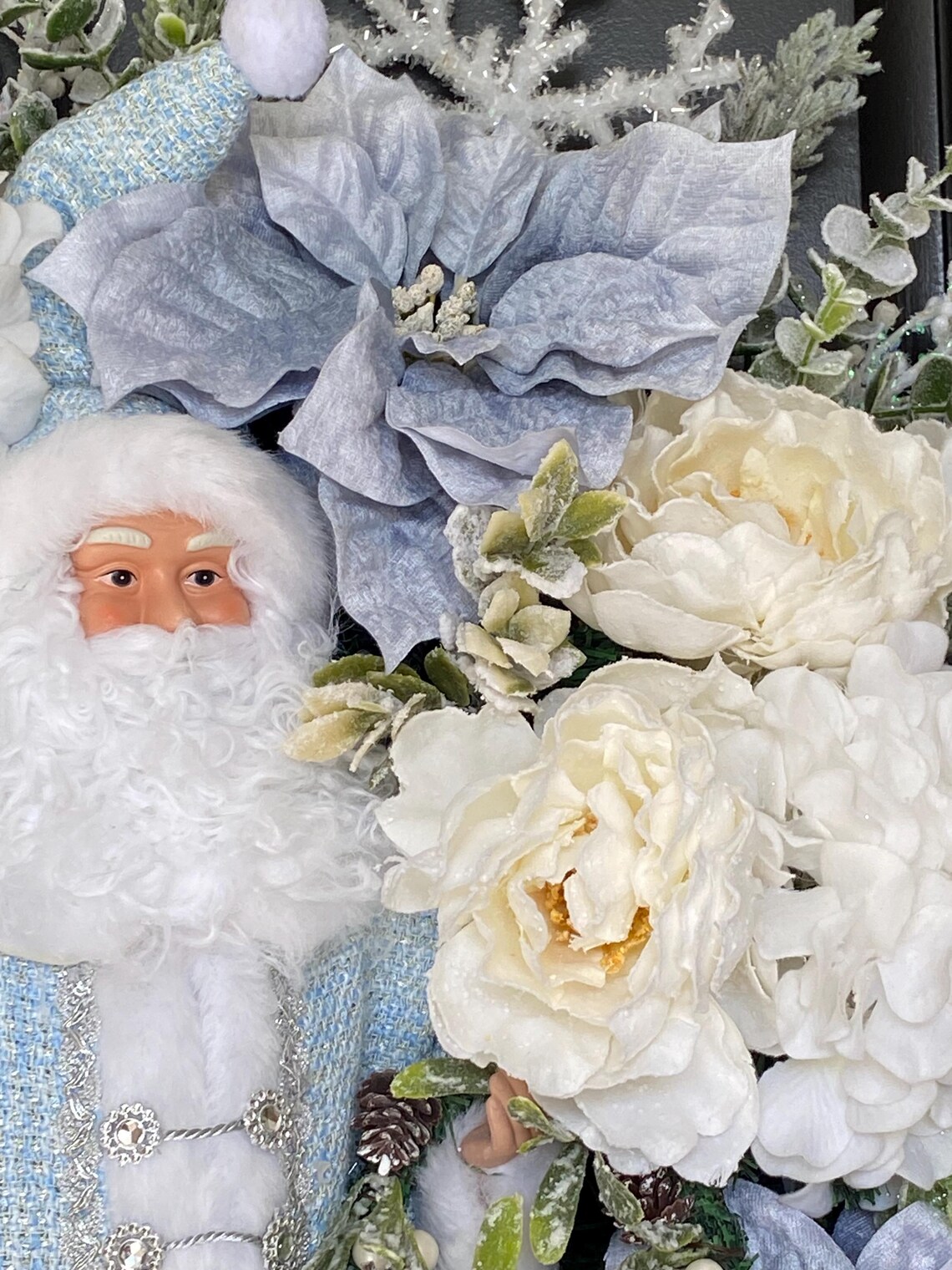 XL Blue Santa Christmas Wreath: Velvet Poinsettia & White Hydrangea - Etsy