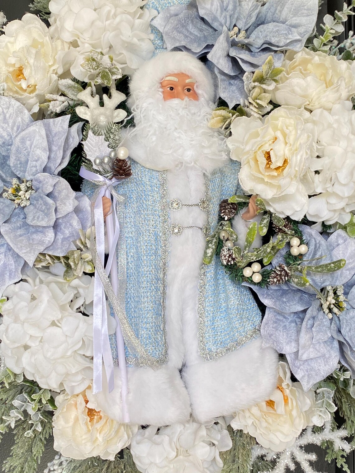 XL Blue Santa Christmas Wreath: Velvet Poinsettia & White Hydrangea - Etsy