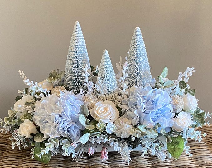 Blue Christmas Tree Centerpiece, Ivory and Light Blue Floral ...
