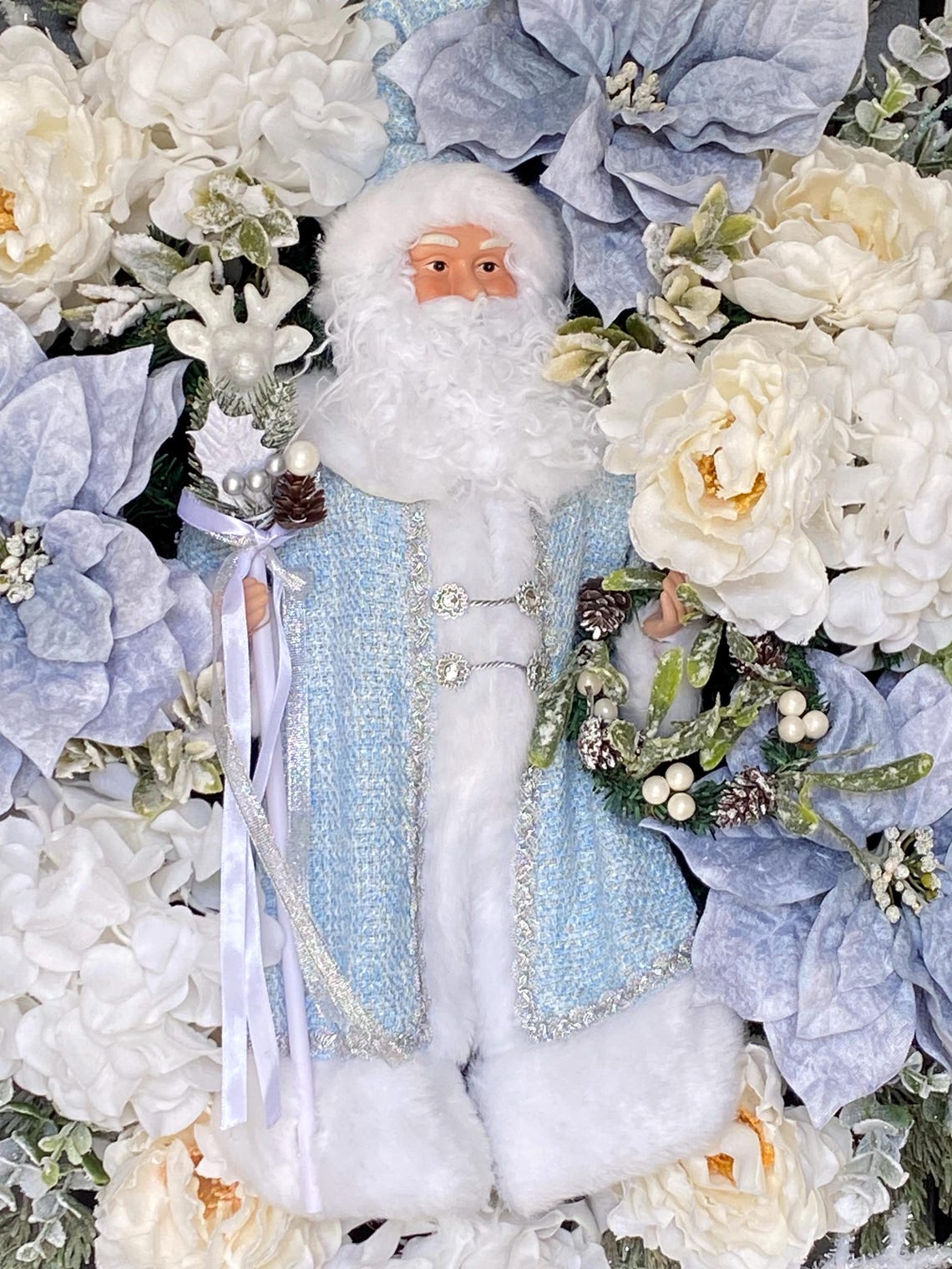 XL Blue Santa Christmas Wreath: Velvet Poinsettia & White Hydrangea - Etsy
