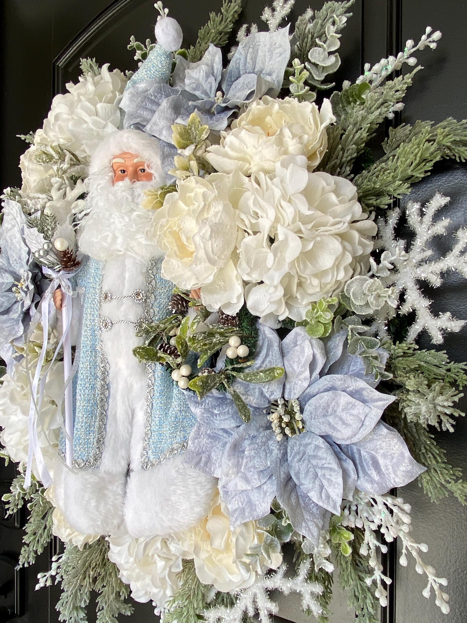 XL Blue Santa Christmas Wreath: Velvet Poinsettia & White Hydrangea - Etsy