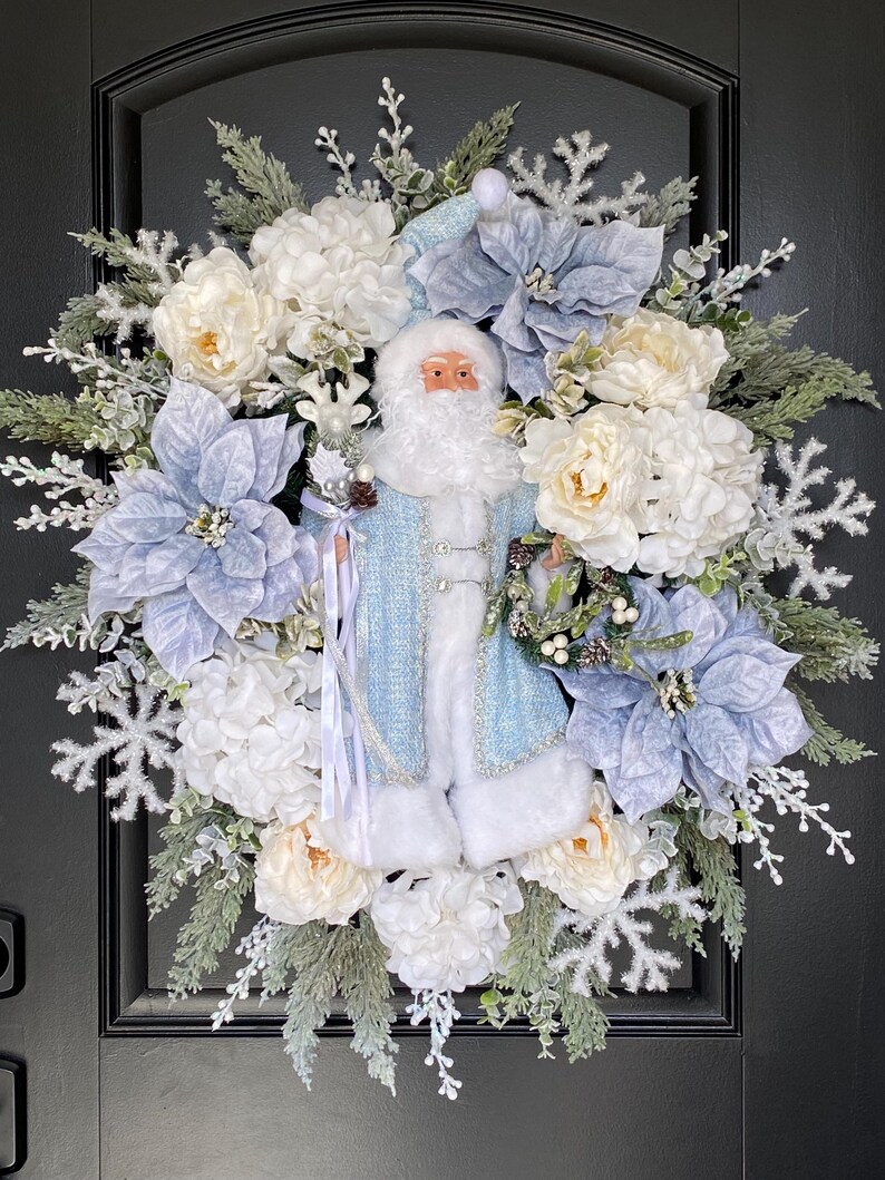 XL Blue Santa Christmas Wreath: Velvet Poinsettia & White Hydrangea - Etsy