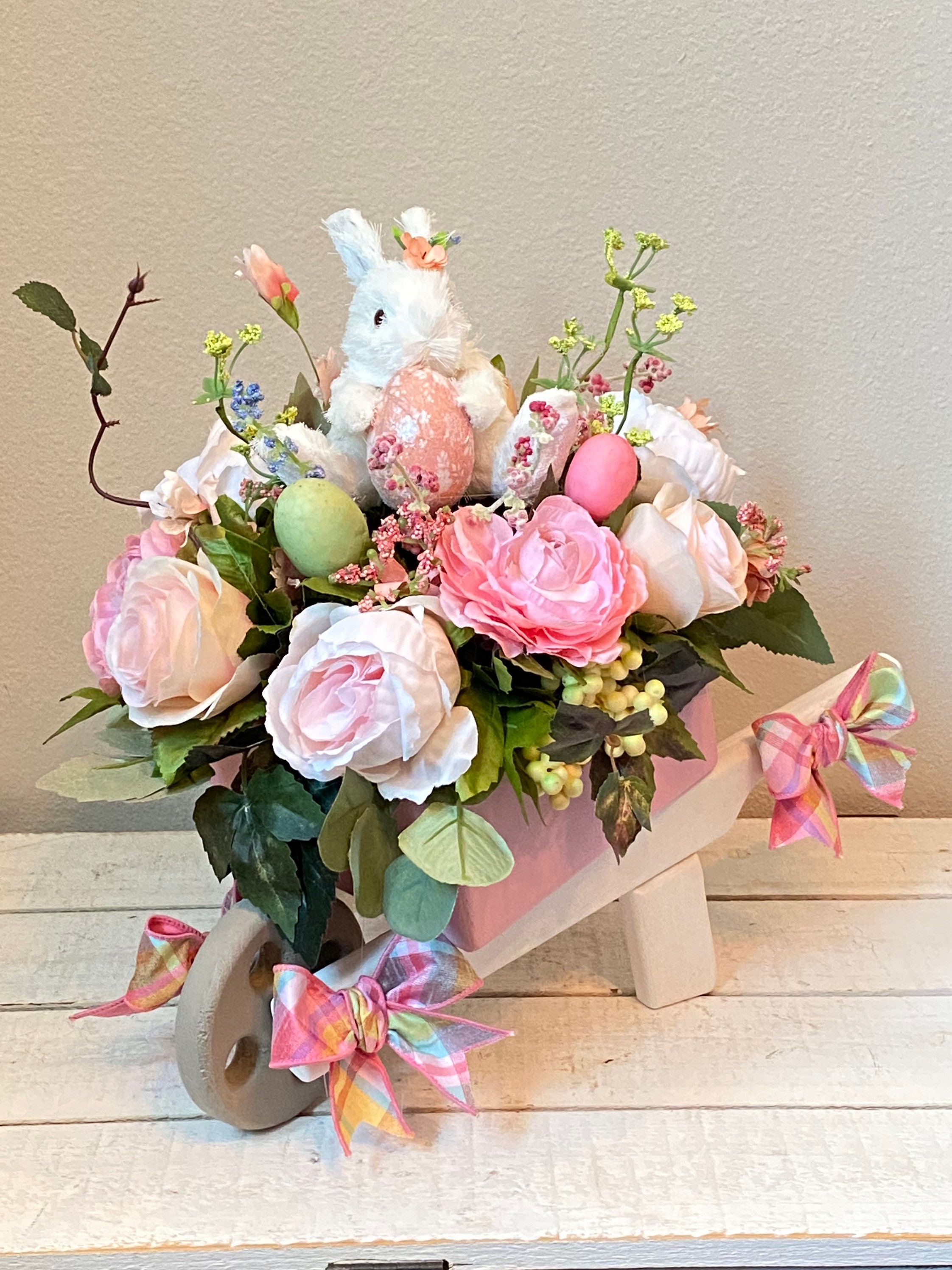 Handmade Easter Wheelbarrow Floral Arrangement: Bunny & Pastel Eggs - Etsy