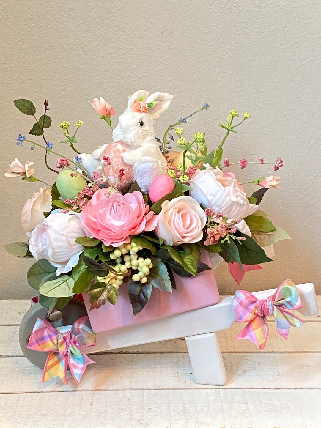 Handmade Easter Wheelbarrow Floral Arrangement: Bunny & Pastel Eggs - Etsy