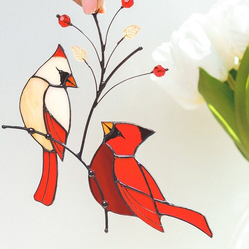 Couple of Red Cardinals Stained Glass Decor Custom Stained | Etsy