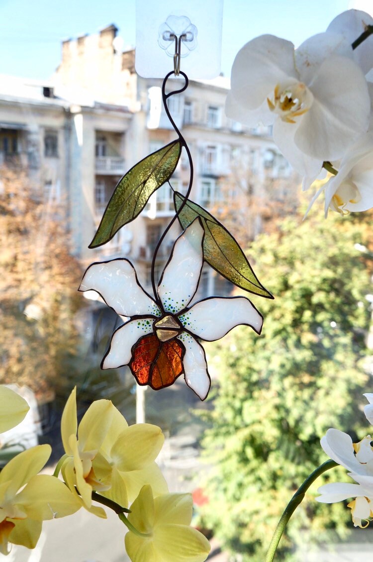 Flower Orchid Stained Glass Suncatcher Modern Stained Glass | Etsy