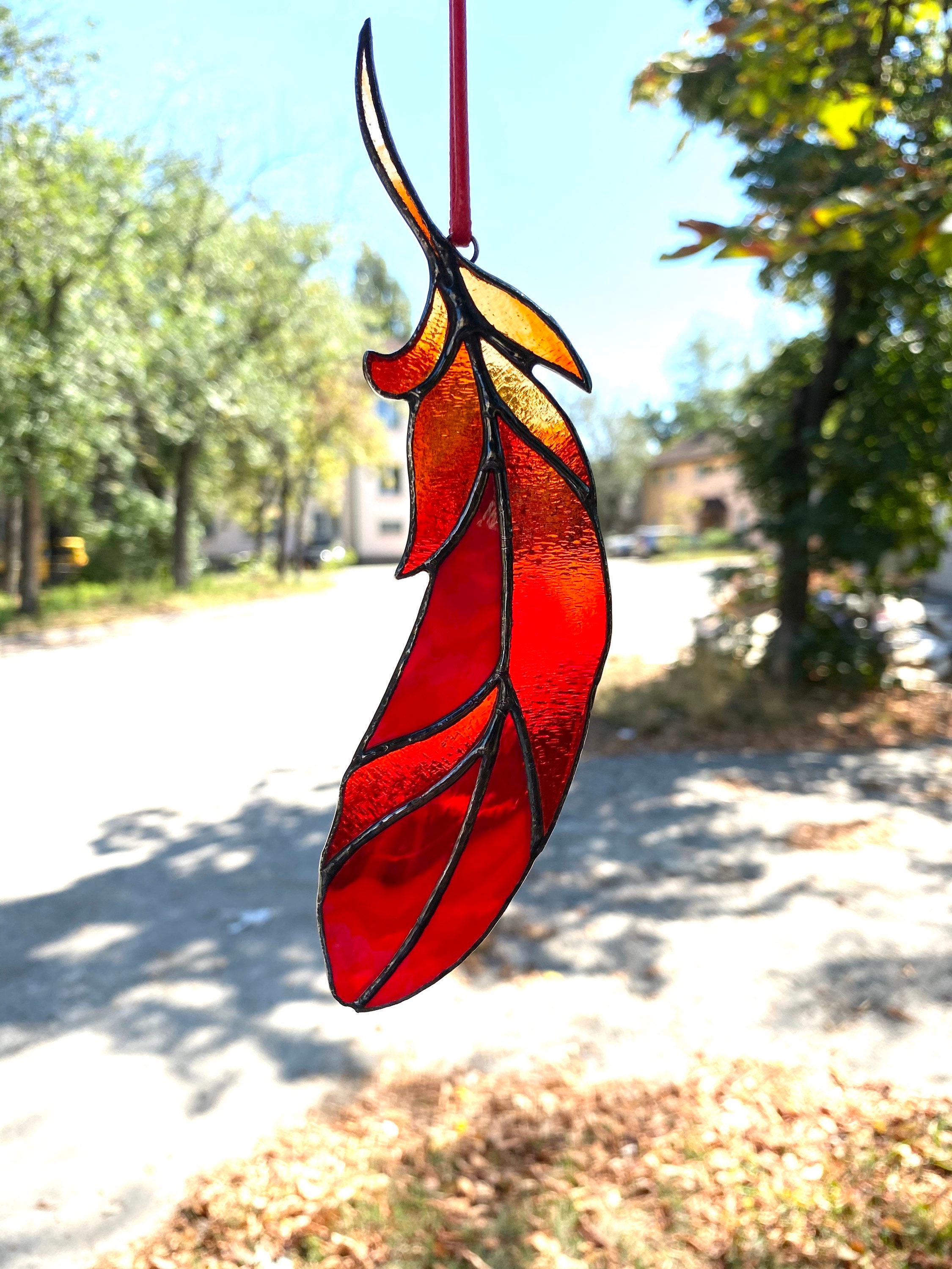 Stained Glass Red Cardinal Feather Suncatcher Custom Stained | Etsy