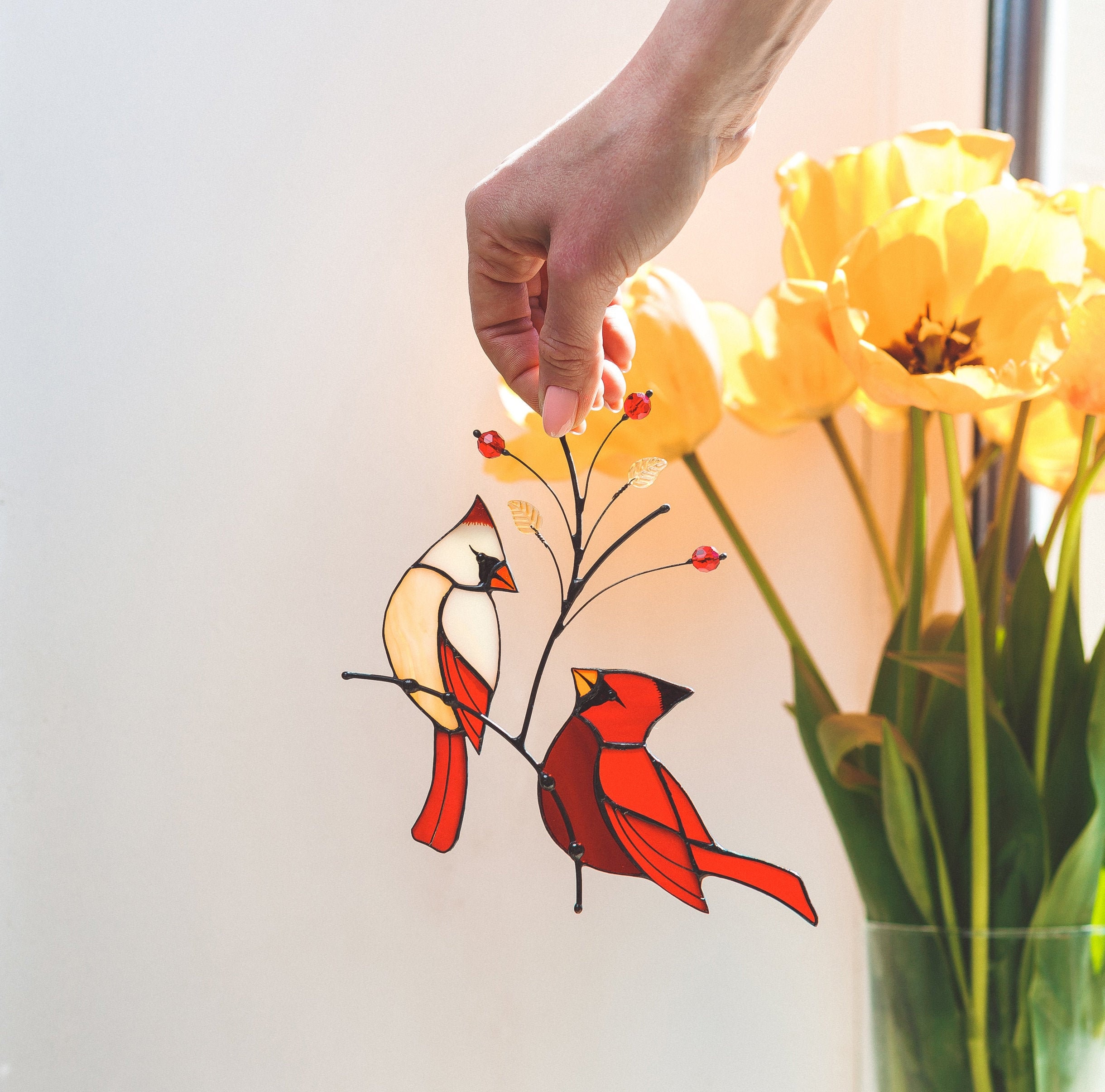 Couple of Red Cardinals Stained Glass Decor Custom Stained - Etsy