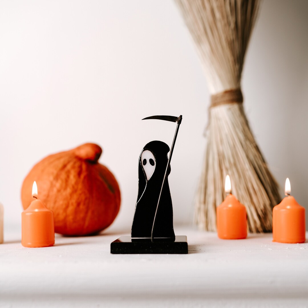 Grim Reaper Stained Glass Figurine - Halloween Decor for Fireplace ...