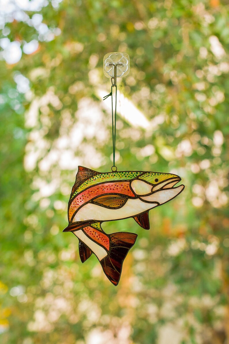 Trout Fish Suncatcher Stained Glass Window Hanging Fisherman - Etsy