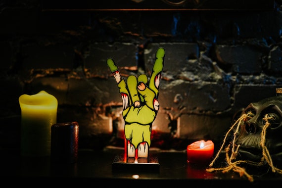 Rock on Zombie Hand Stained Glass Suncatcher on Stone Stand - Etsy