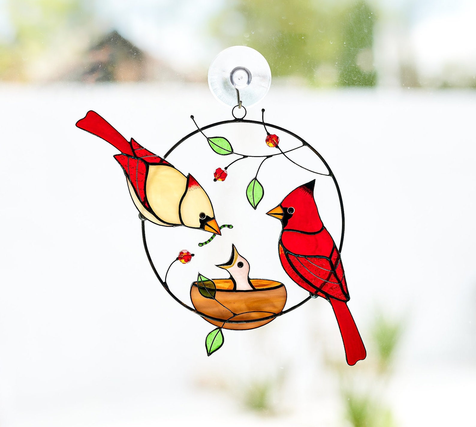 Red Cardinal Family Stained Glass Suncatcher Couple of Red Cardinals ...