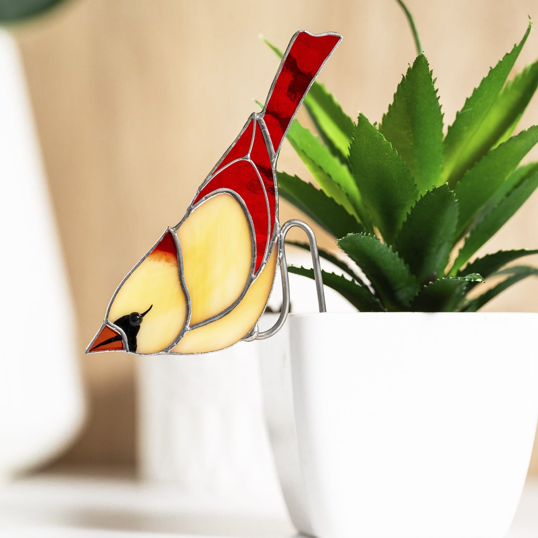 Stained Glass Male Red Cardinal Planter Decor Gift for Dad Bird Lover ...