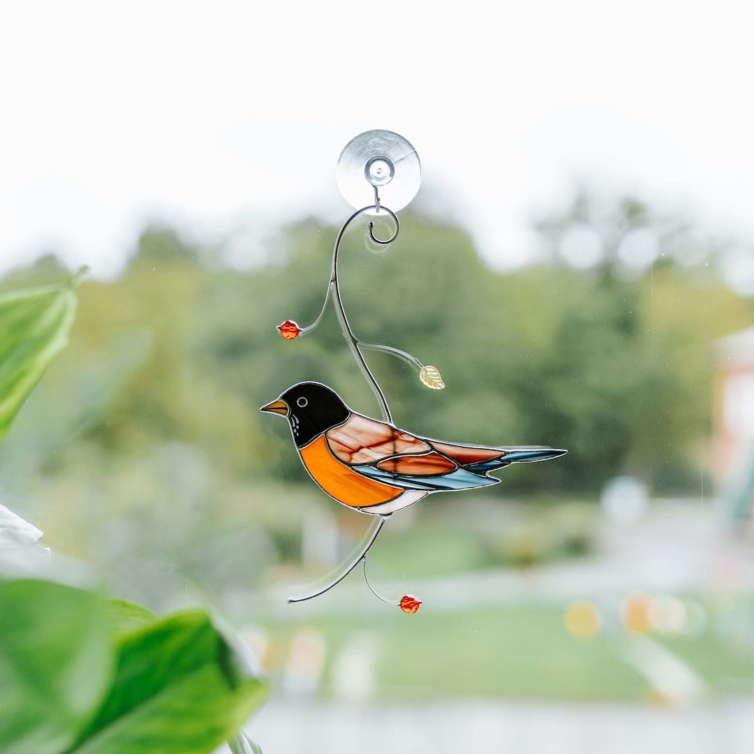Stained Glass Robin Suncatcher: Handmade Bird Window Hanging, Home ...