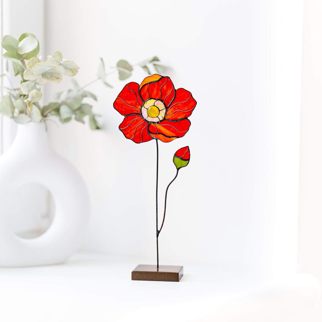 Stained Glass Poppy Suncatcher, Memorial Gift | Red Flower Decor ...