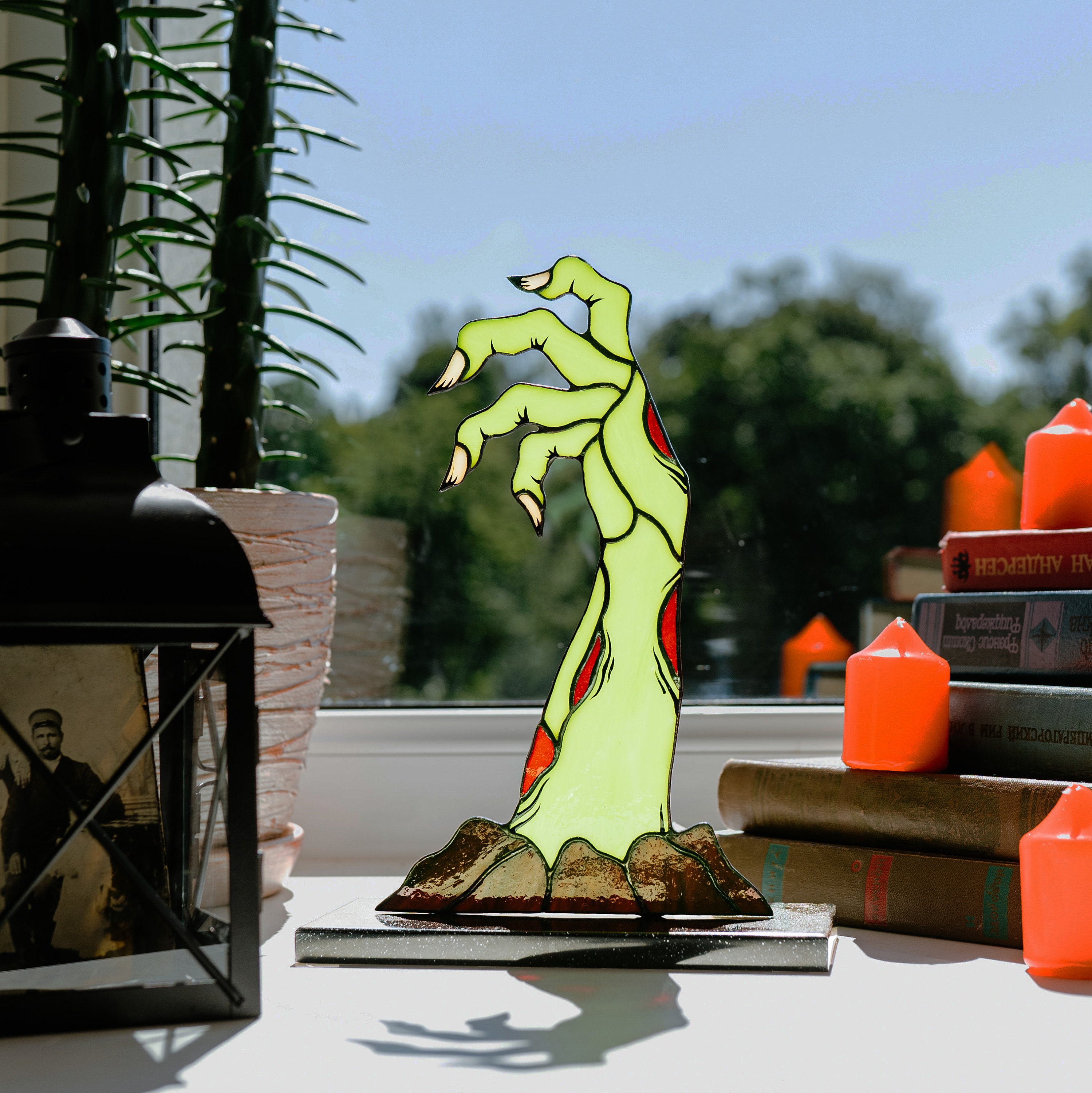 Zombie Hand Stained Glass Suncatcher on Stone Stand Halloween - Etsy