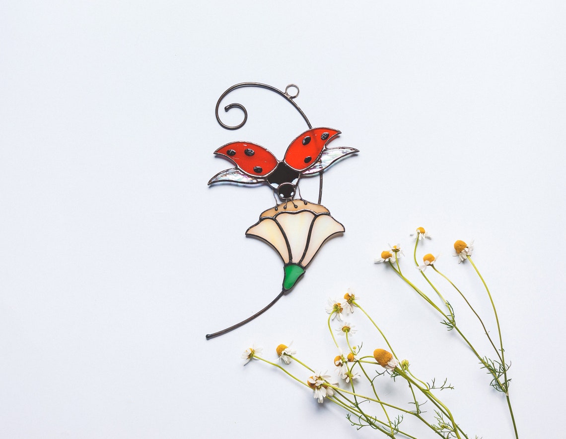 Lady bug suncatcher stained glass window hanging Modern decor | Etsy