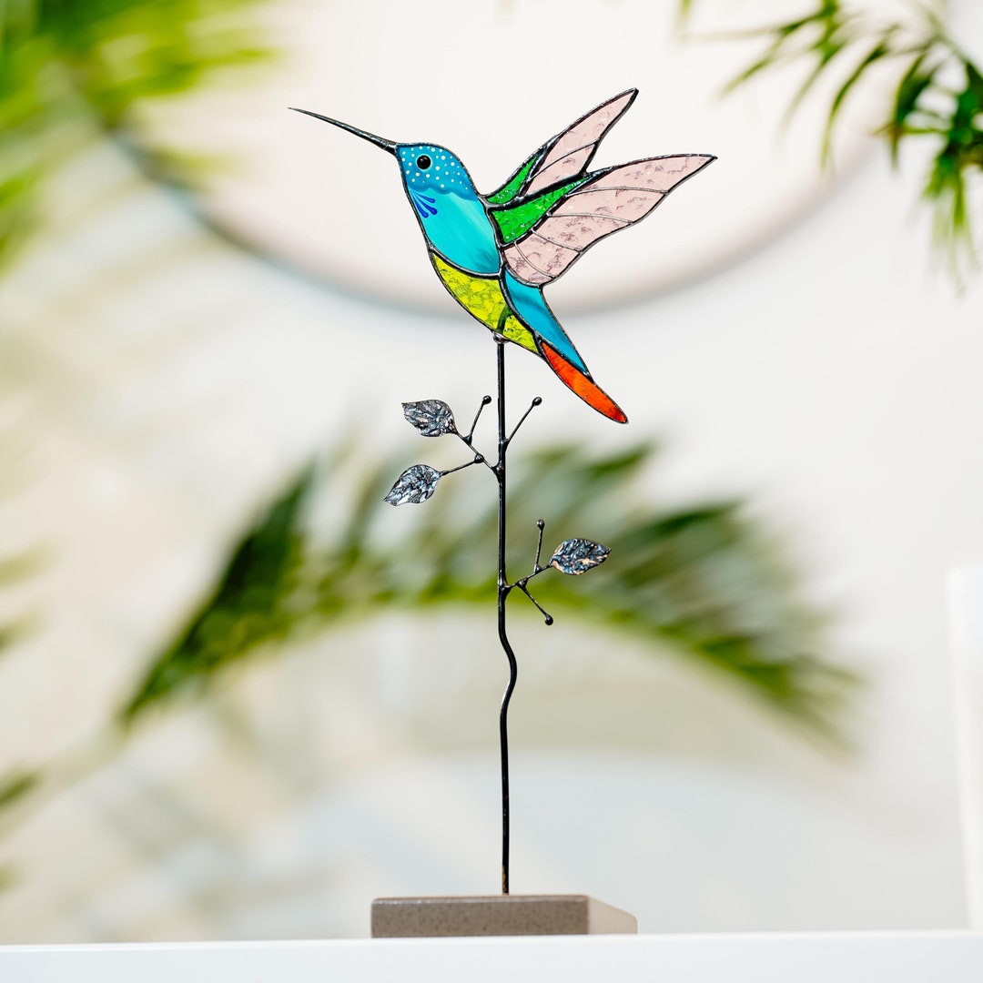 Stained Glass Hummingbird Table Decor or Garden Stake Home Plant ...