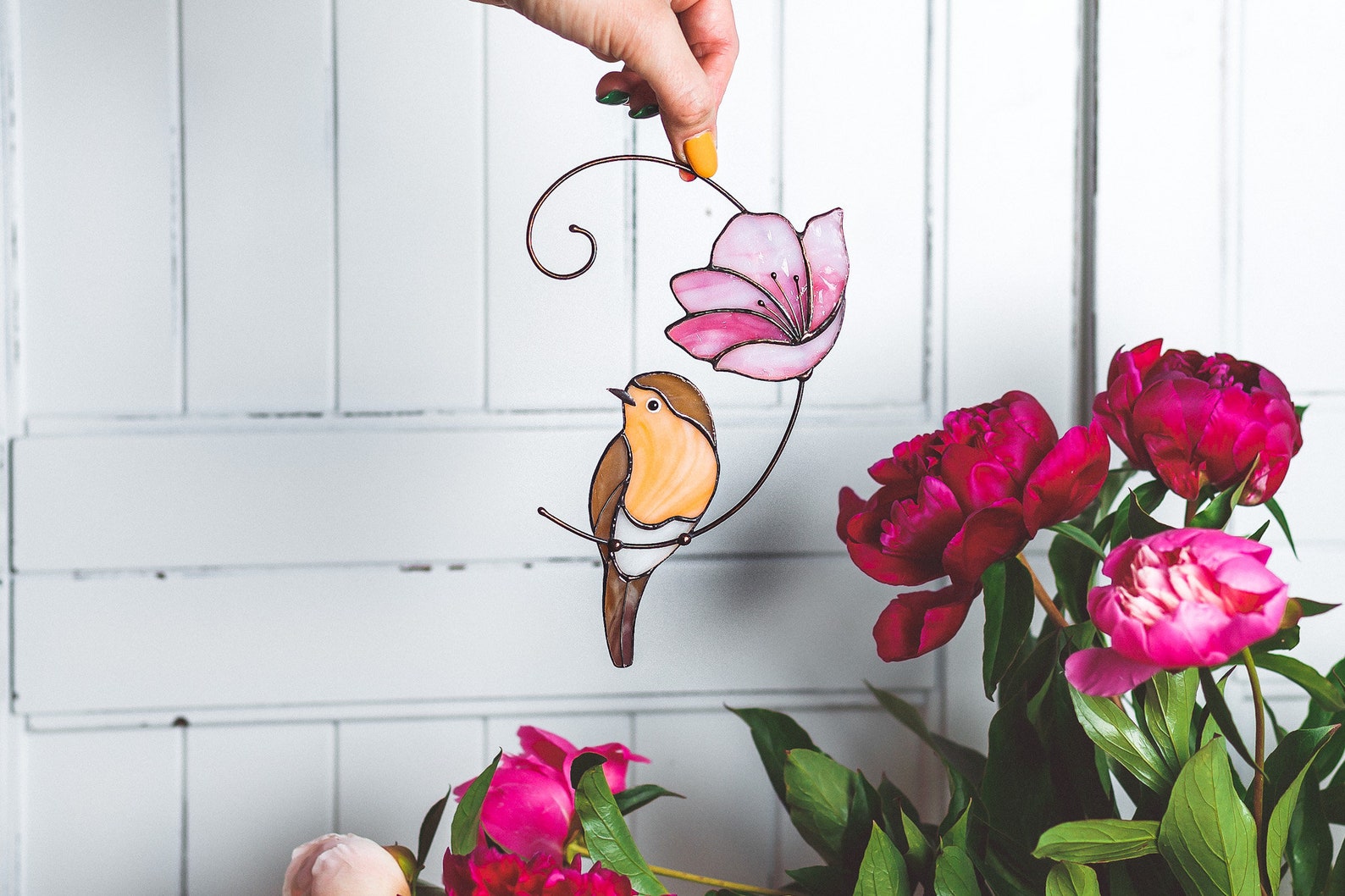 Suncatcher Robin Bird With Pink Flower Stained Glass Home - Etsy