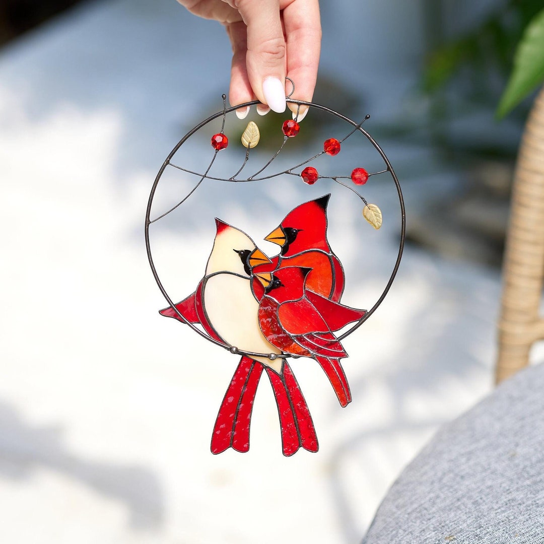 Red Cardinals Family Suncatcher Stained Glass Bird Suncatcher Window ...