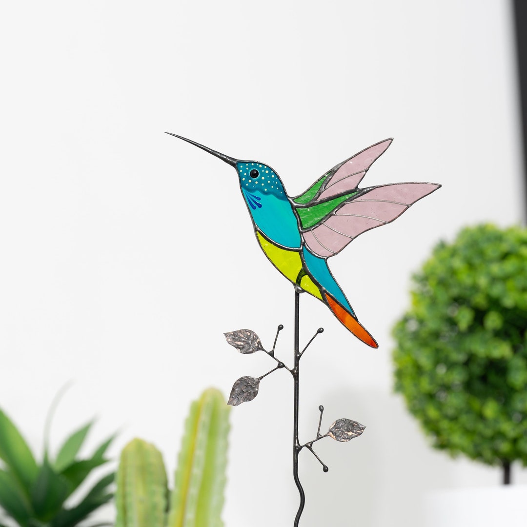 Stained Glass Hummingbird Table Decor or Garden Stake Home Plant ...