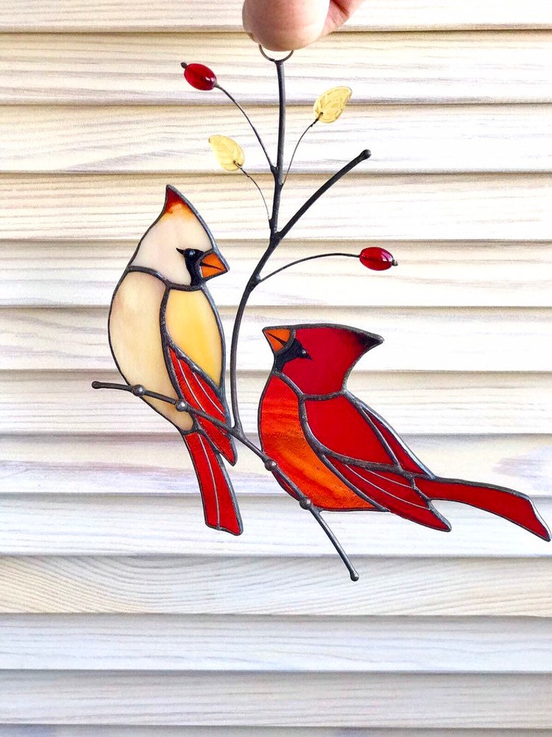 Couple of Red Cardinals stained glass decor Custom stained | Etsy