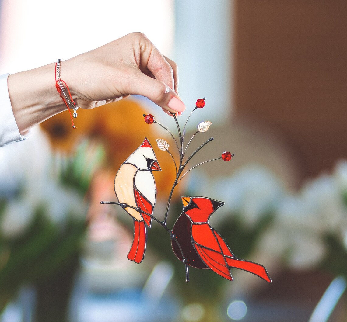 Couple of Red Cardinals Stained Glass Decor Custom Stained - Etsy