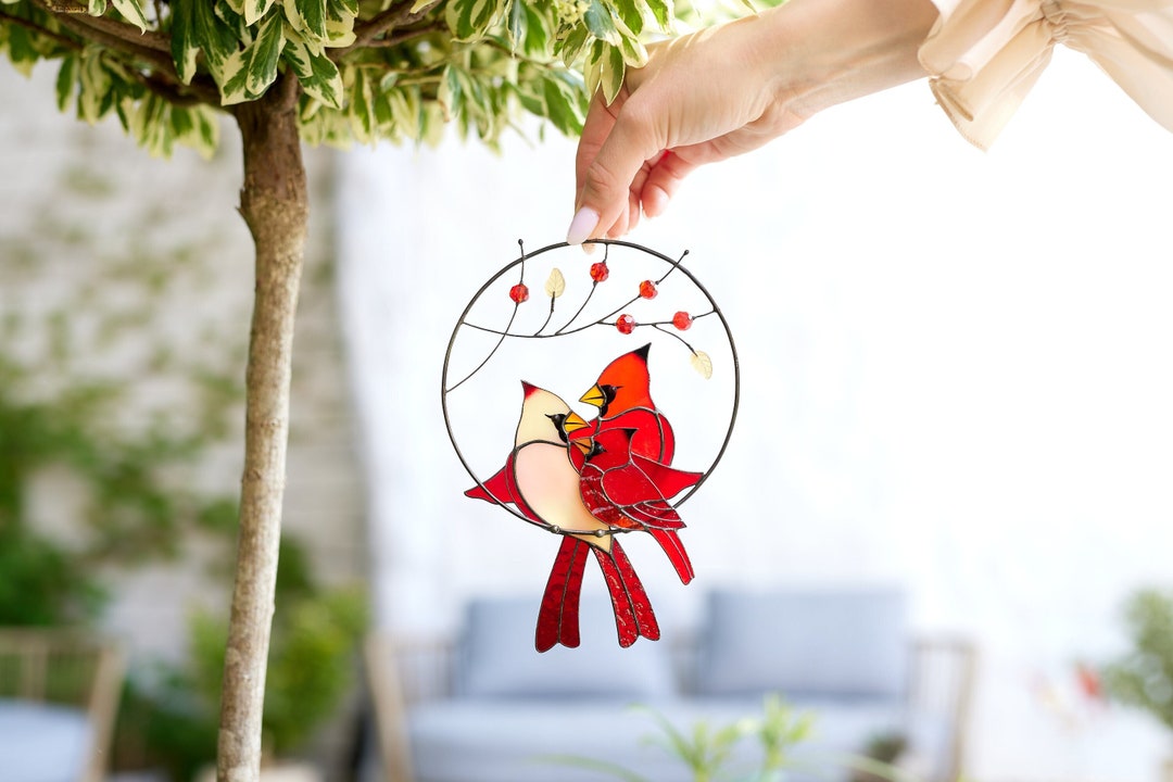 Red Cardinals Family Suncatcher Stained Glass Bird Suncatcher - Etsy