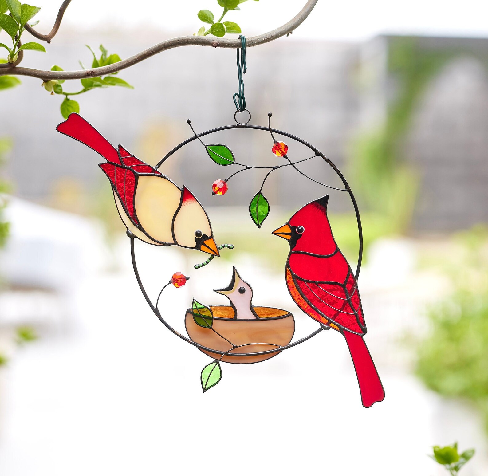 Red Cardinal Family Stained Glass Suncatcher Couple of Red Cardinals ...