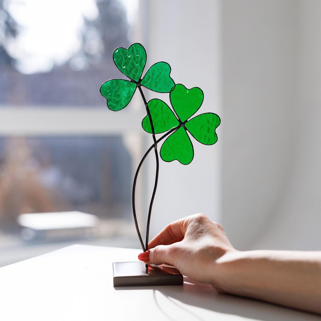 Stained Glass Four Leaf Clover Suncatcher: Lucky Shamrock Table Decor ...