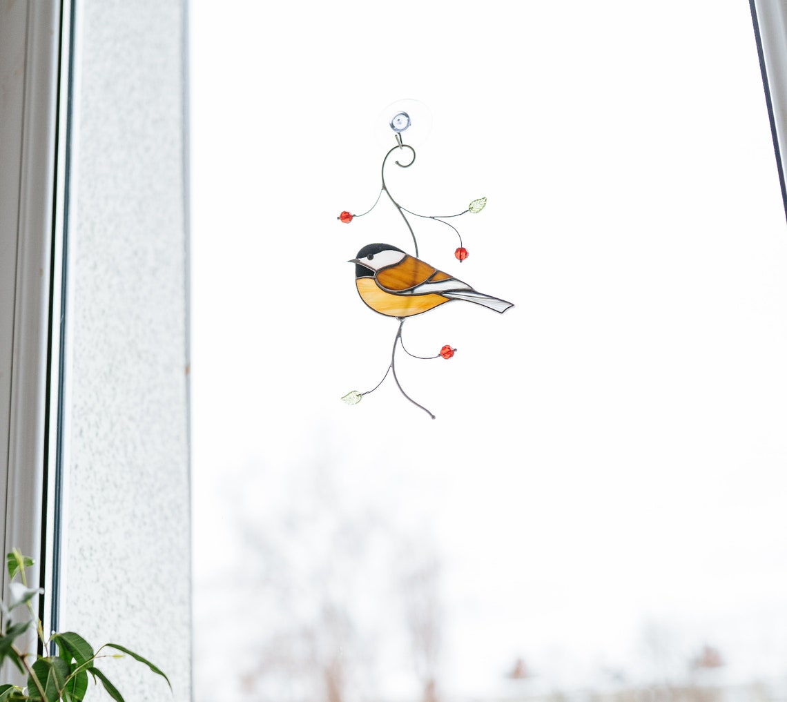 Chickadee Stained Glass Bird Window Hangings Home Decor - Etsy