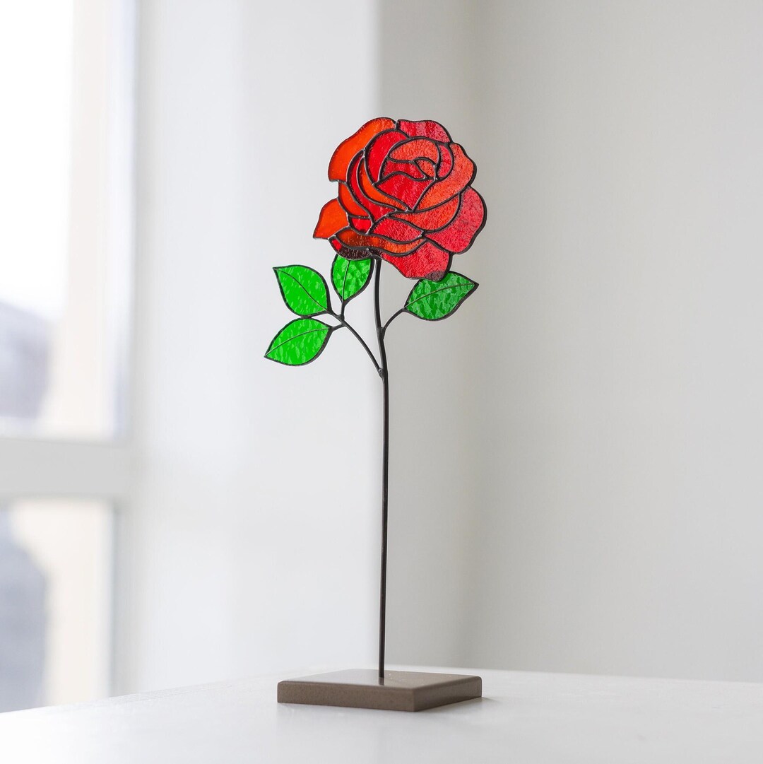 Stained Glass Rose Suncatcher Handmade Floral Decor Red Glass Flower ...