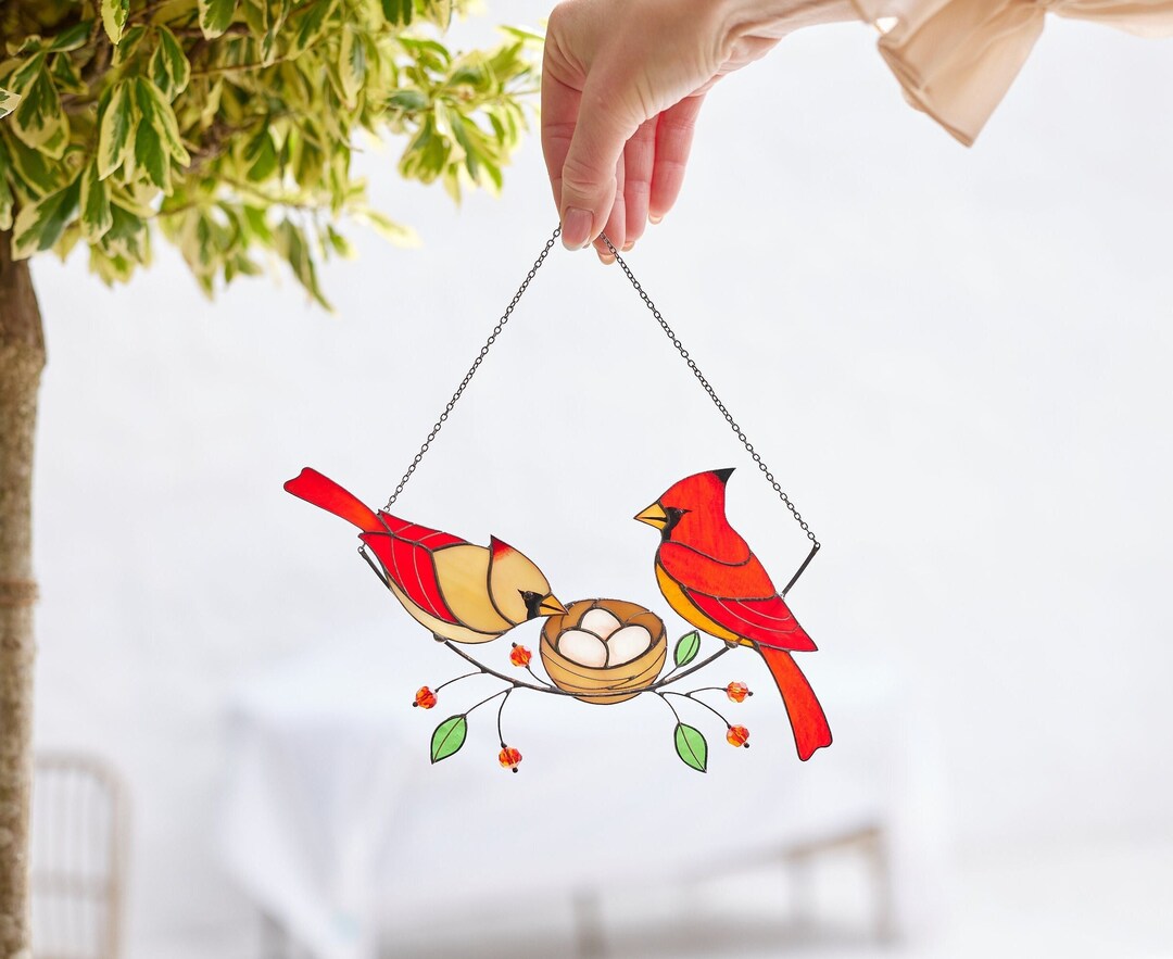 Red Cardinal Suncatcher Stained Glass Male Cardinal and Female Cardinal ...
