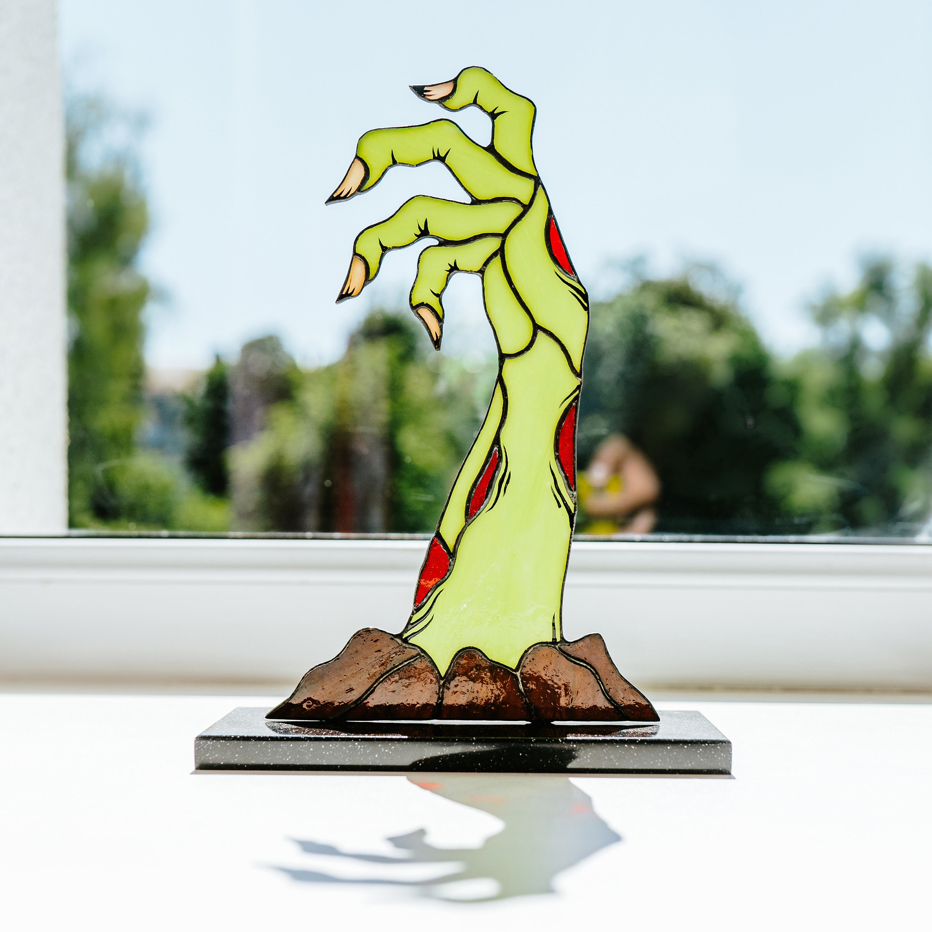 Zombie Hand Stained Glass Suncatcher on Stone Stand Halloween - Etsy