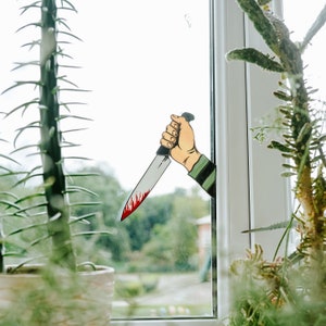 Creepy Hand With Knife - Stained Glass Halloween Suncatcher, Window ...