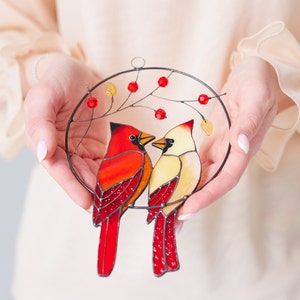 Red Cardinal Stained Glass Suncatcher for Window Couple of Red Cardinal ...