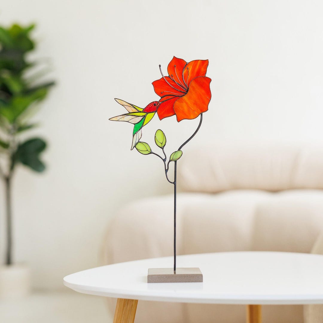 Stained Glass Hummingbird Suncatcher Table Decor, Stained Glass Flower ...