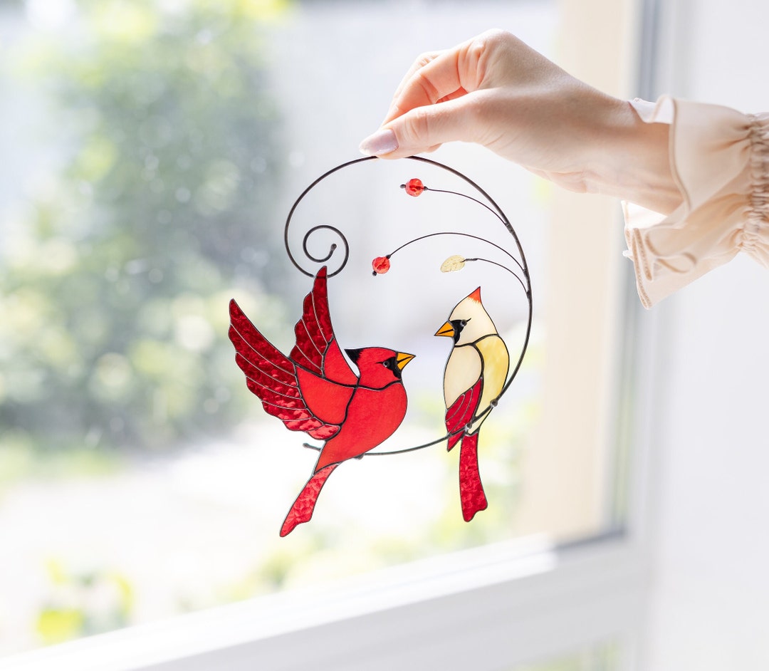 Suncatcher Stained Glass for Windows Red Cardinals Couple Window ...