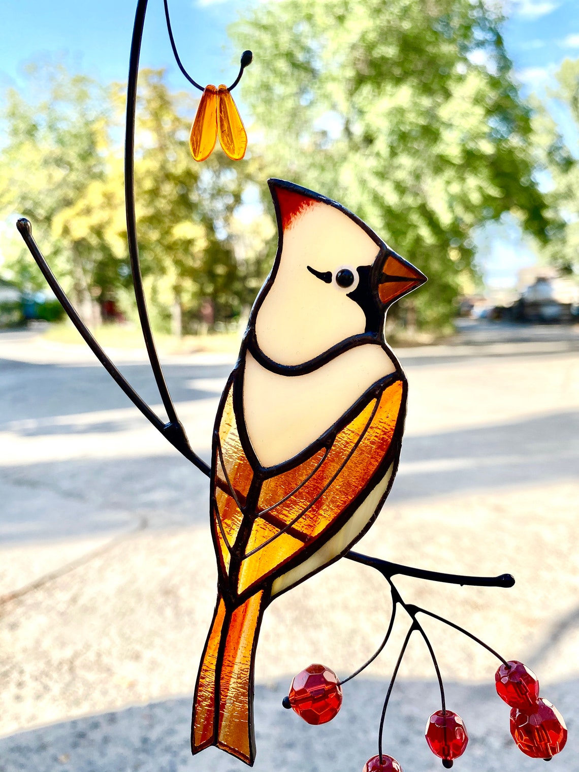Female red cardinal Stained glass Window Hanging Red Cardinal | Etsy