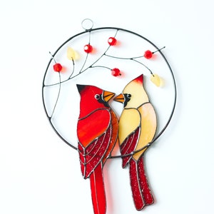 Red Cardinal Stained Glass Suncatcher for Window Couple of Red Cardinal ...