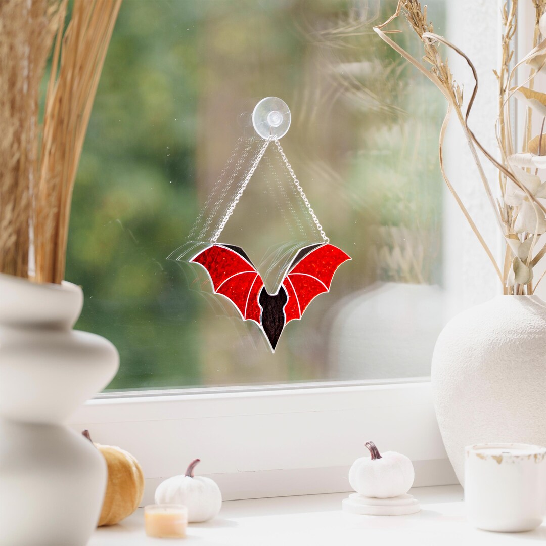 Stained Glass Bat, Red Suncatcher for Window Hanging Halloween - Etsy